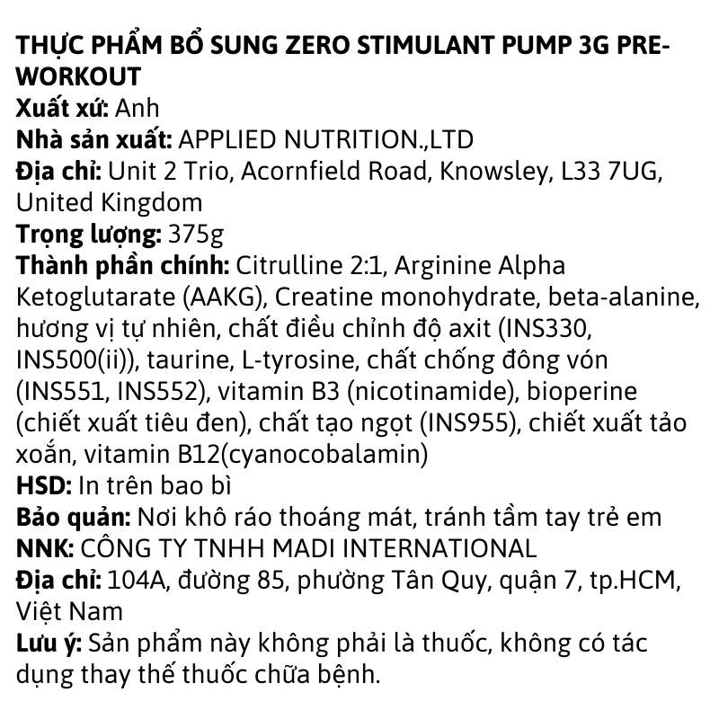 Applied Nutrition PUMP 3G Pre-Workout Zero Stim 25 Serving